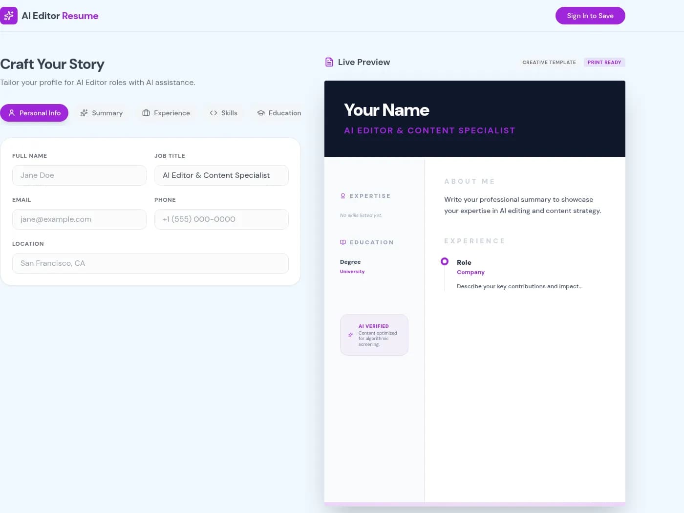 AI Editor Resume Builder