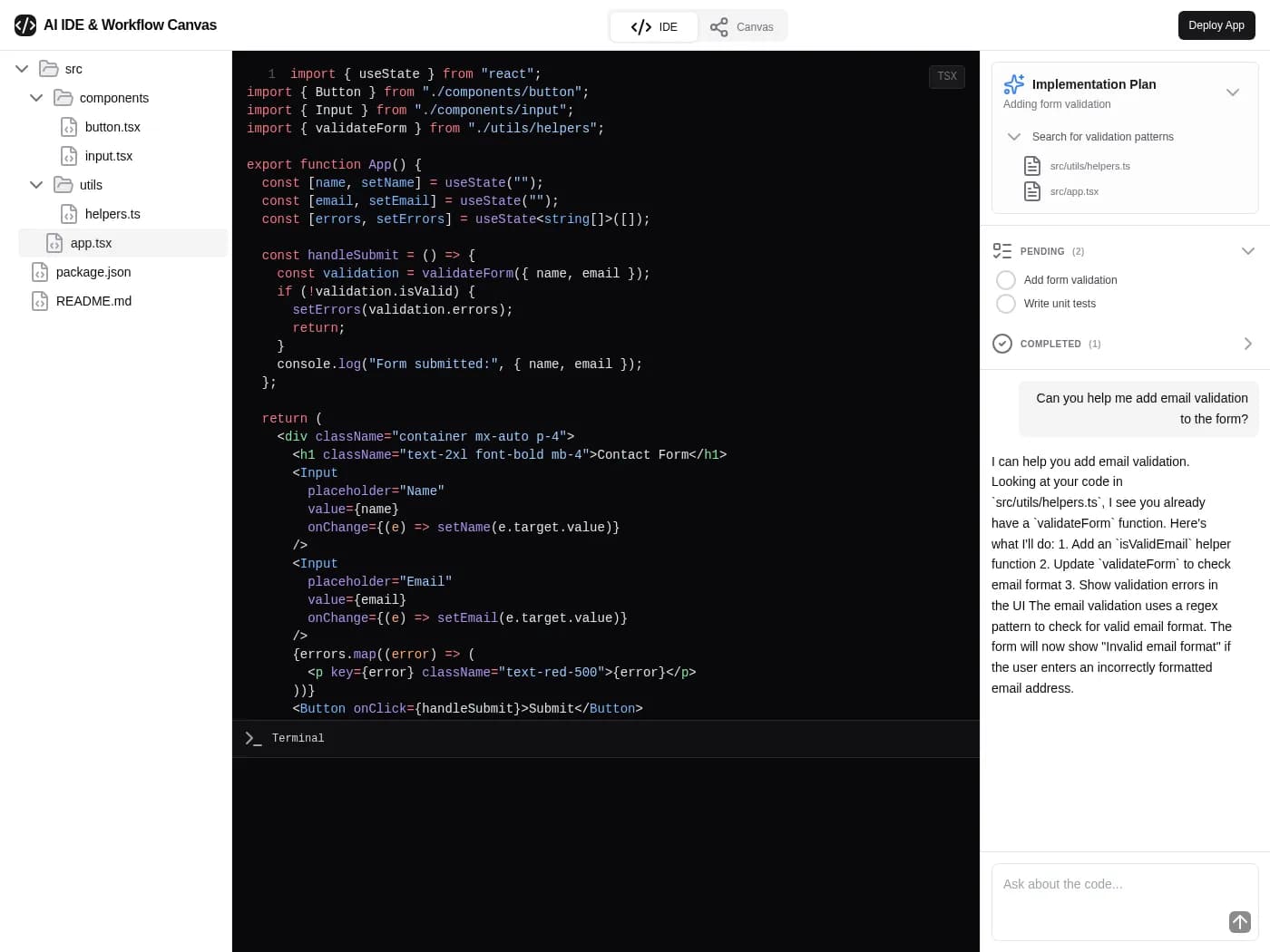 AI IDE & Workflow Canvas