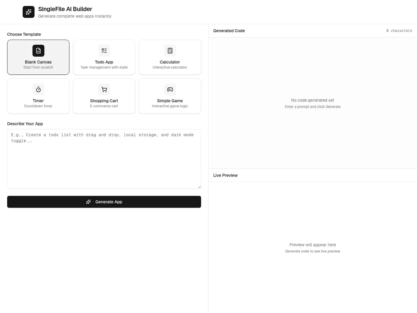 SingleFile AI App Builder
