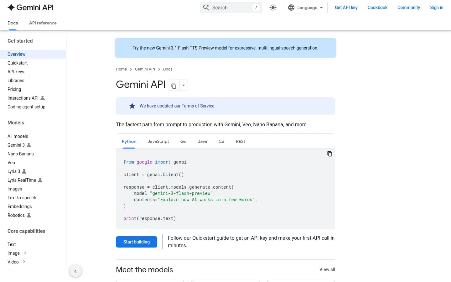 Google Gemini API page — Google's AI platform powering Gemini CLI with 1M token context and free developer tier