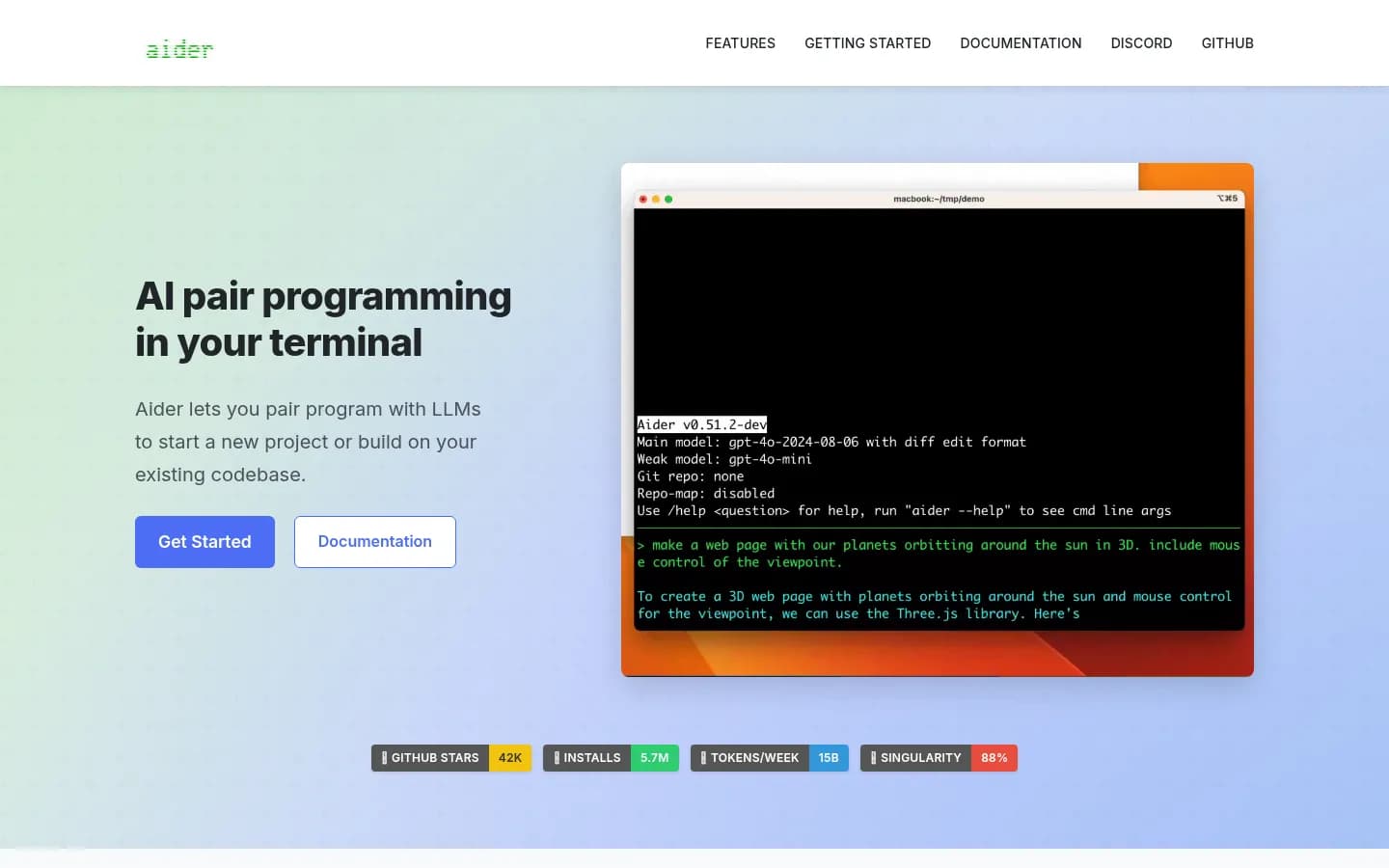Aider landing page — terminal-native AI pair programmer, open source, works with any LLM