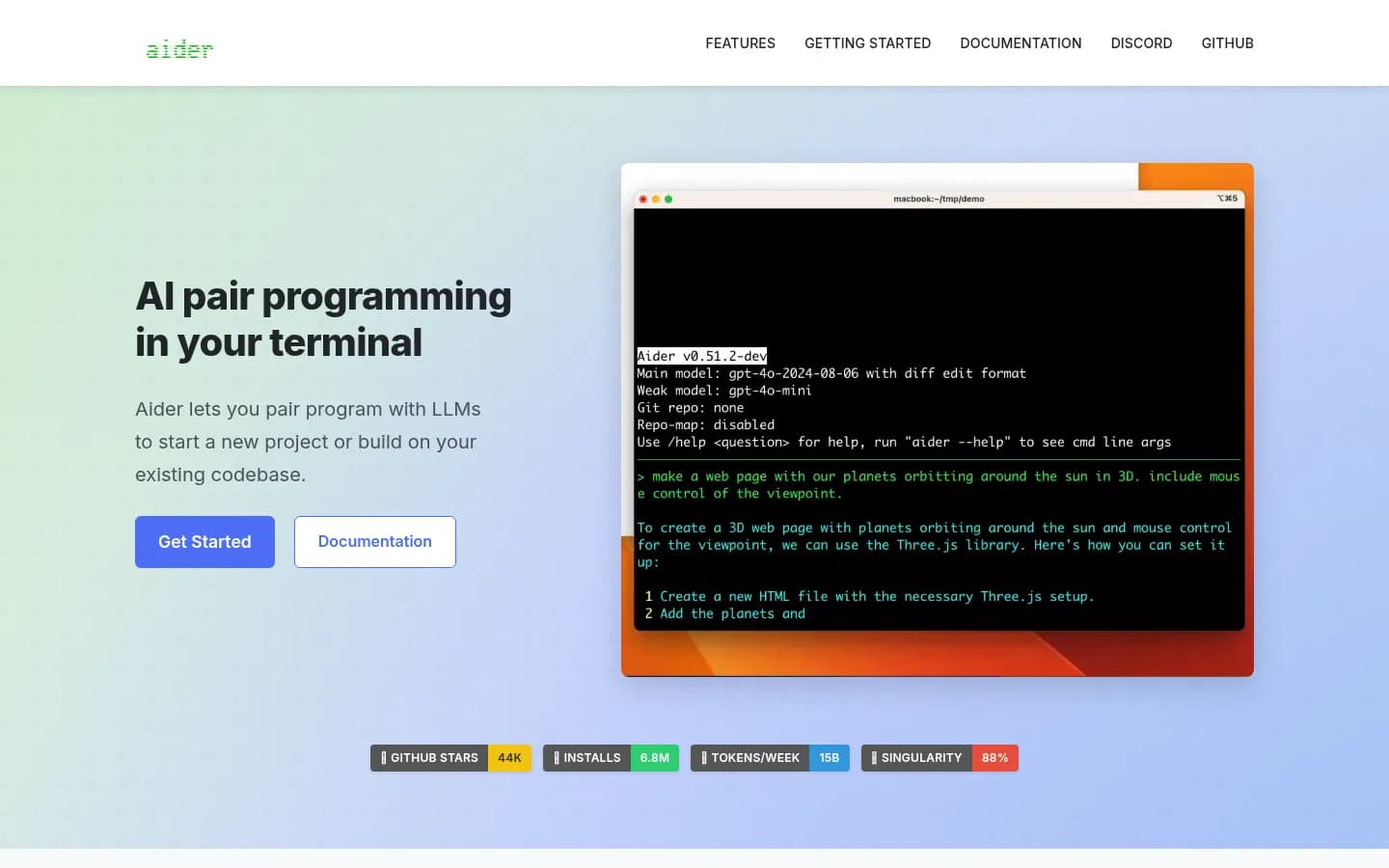 Aider landing page — terminal-native git-aware AI coding agent