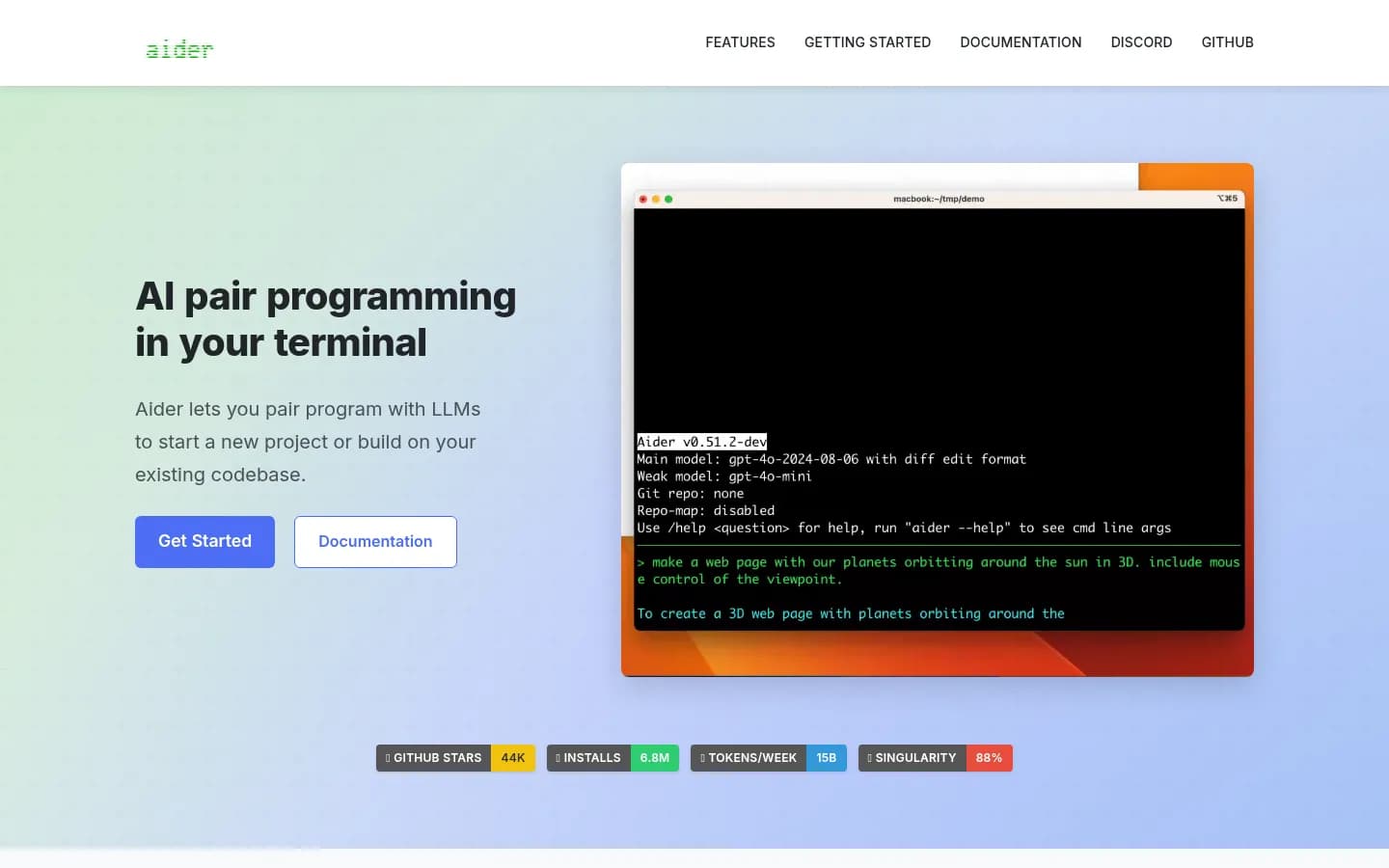 Aider landing page — open-source terminal AI coding tool