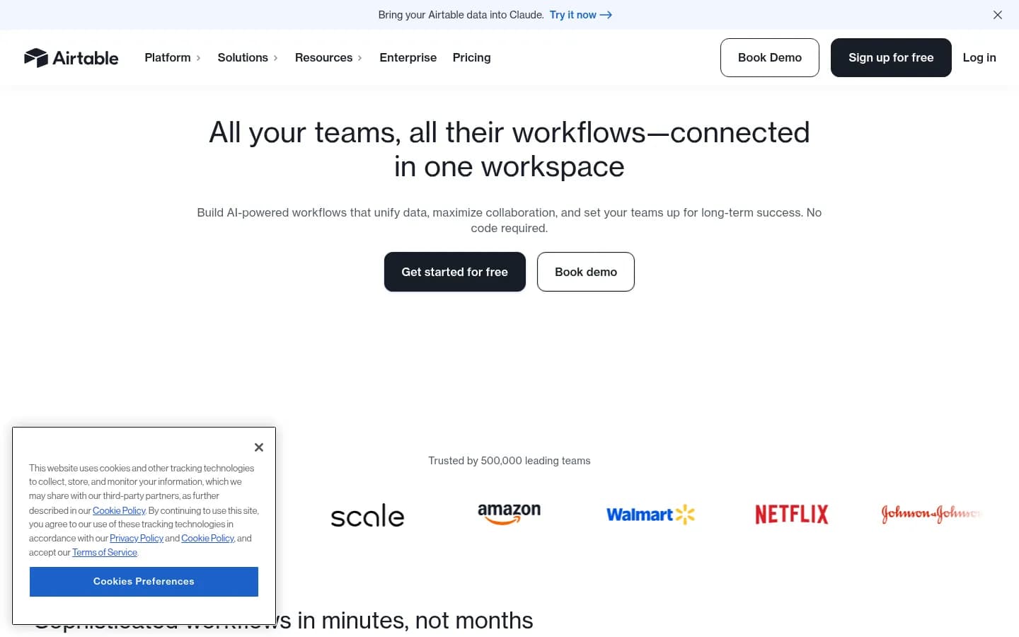 Airtable landing page — database-driven workspace with AI automation for structured team workflows