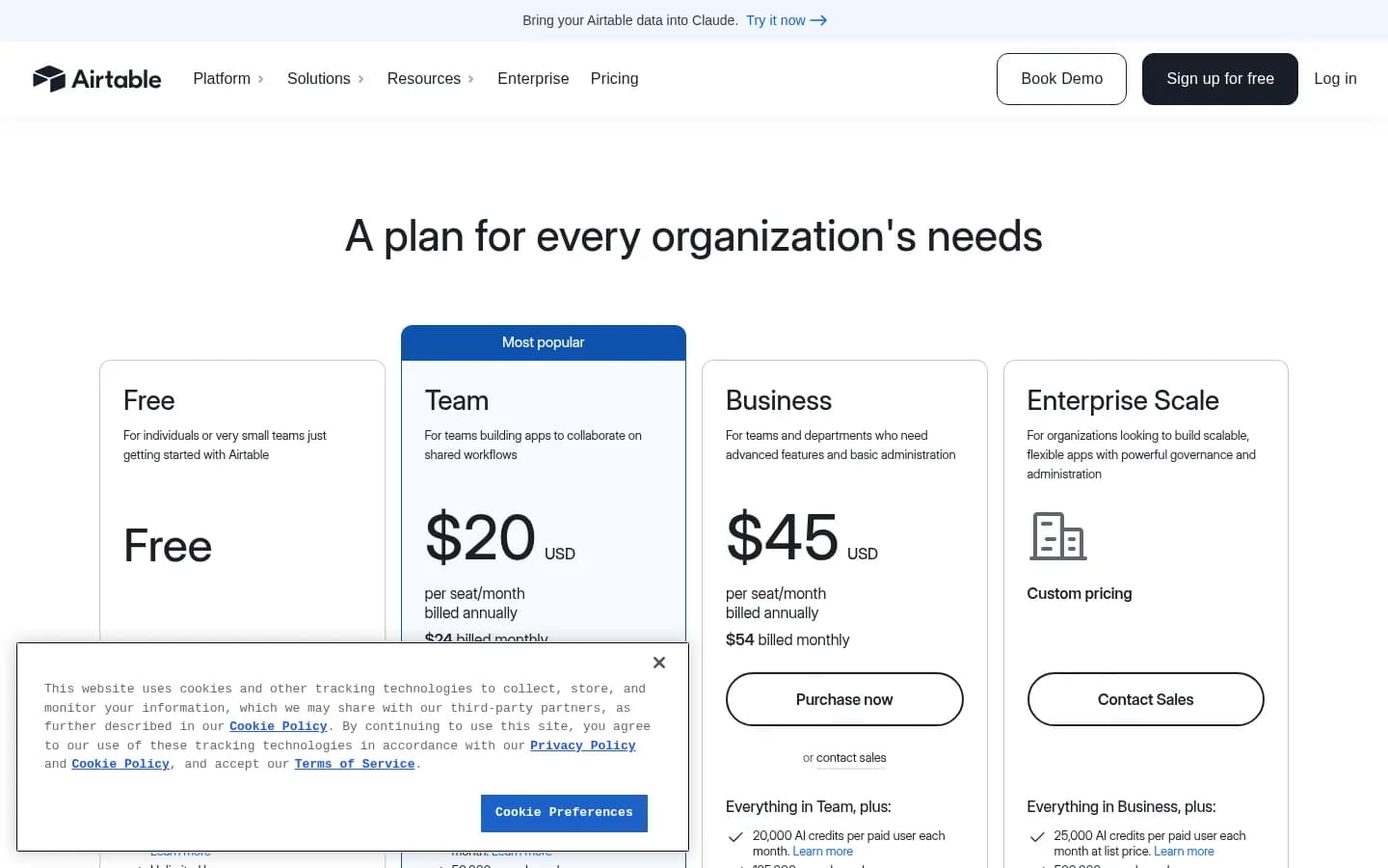 Airtable pricing page — $20/user/month Business plan, showing tier breakdown from Free to Enterprise