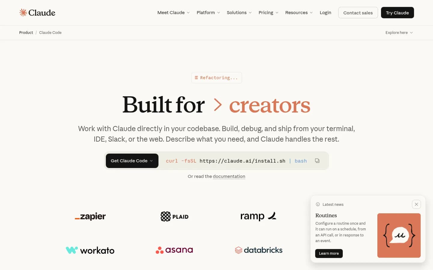 Claude Code landing page — Anthropic's terminal AI agent for autonomous multi-file editing and complex refactoring