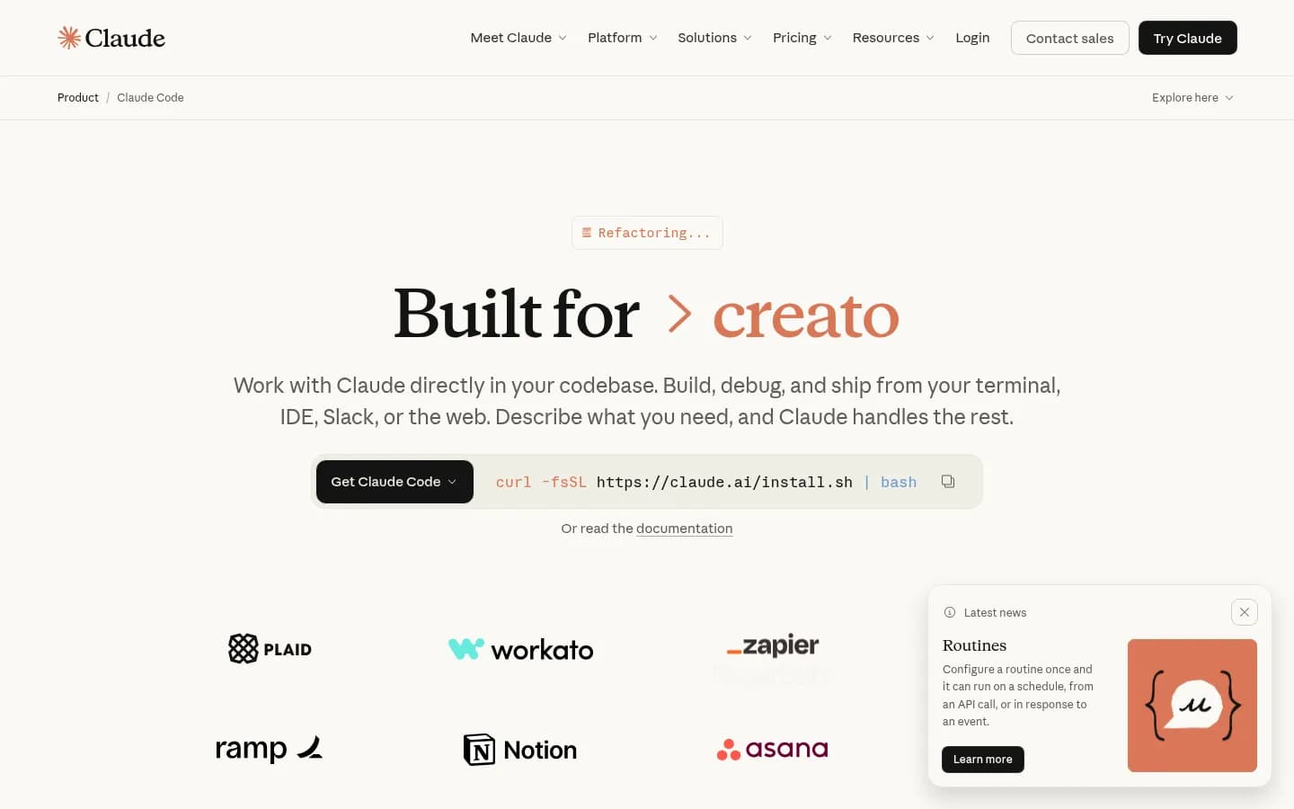Claude Code on Anthropic's website — locked to Anthropic's model family for all coding tasks