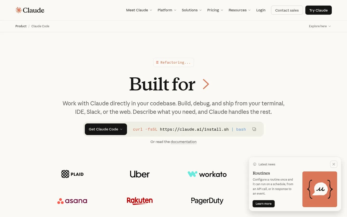 Anthropic Claude Code landing page — terminal-based autonomous coding agent