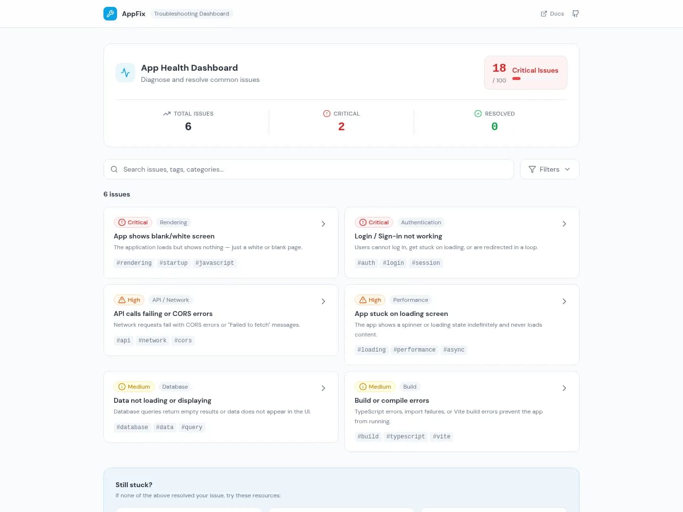 App Troubleshooting Dashboard