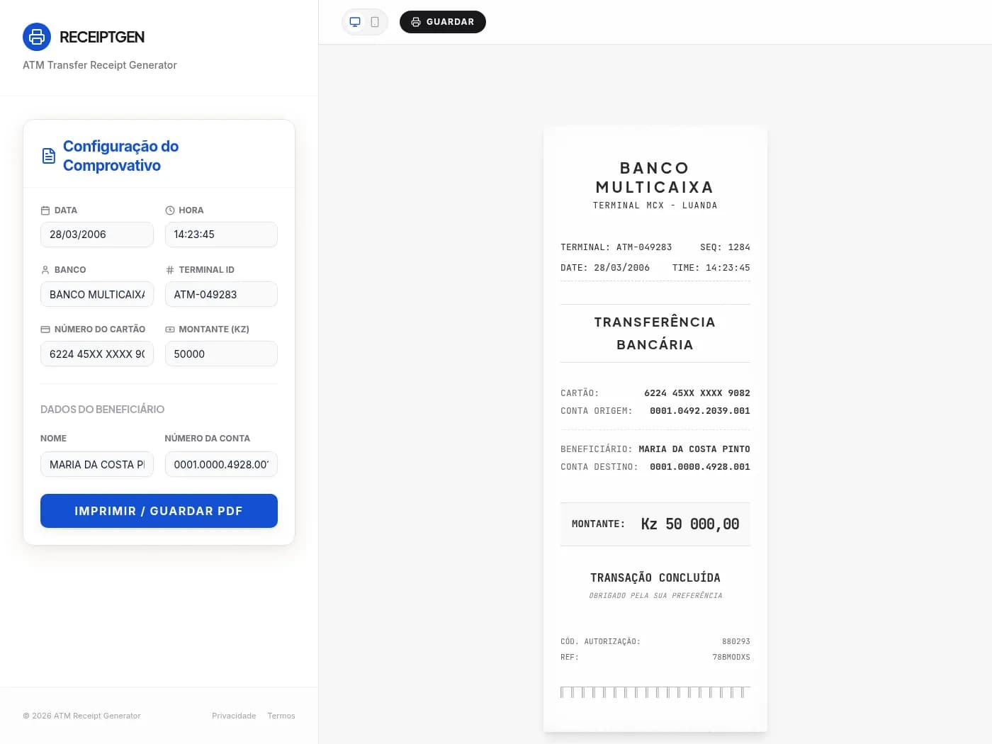 ATM Transfer Receipt Generator
