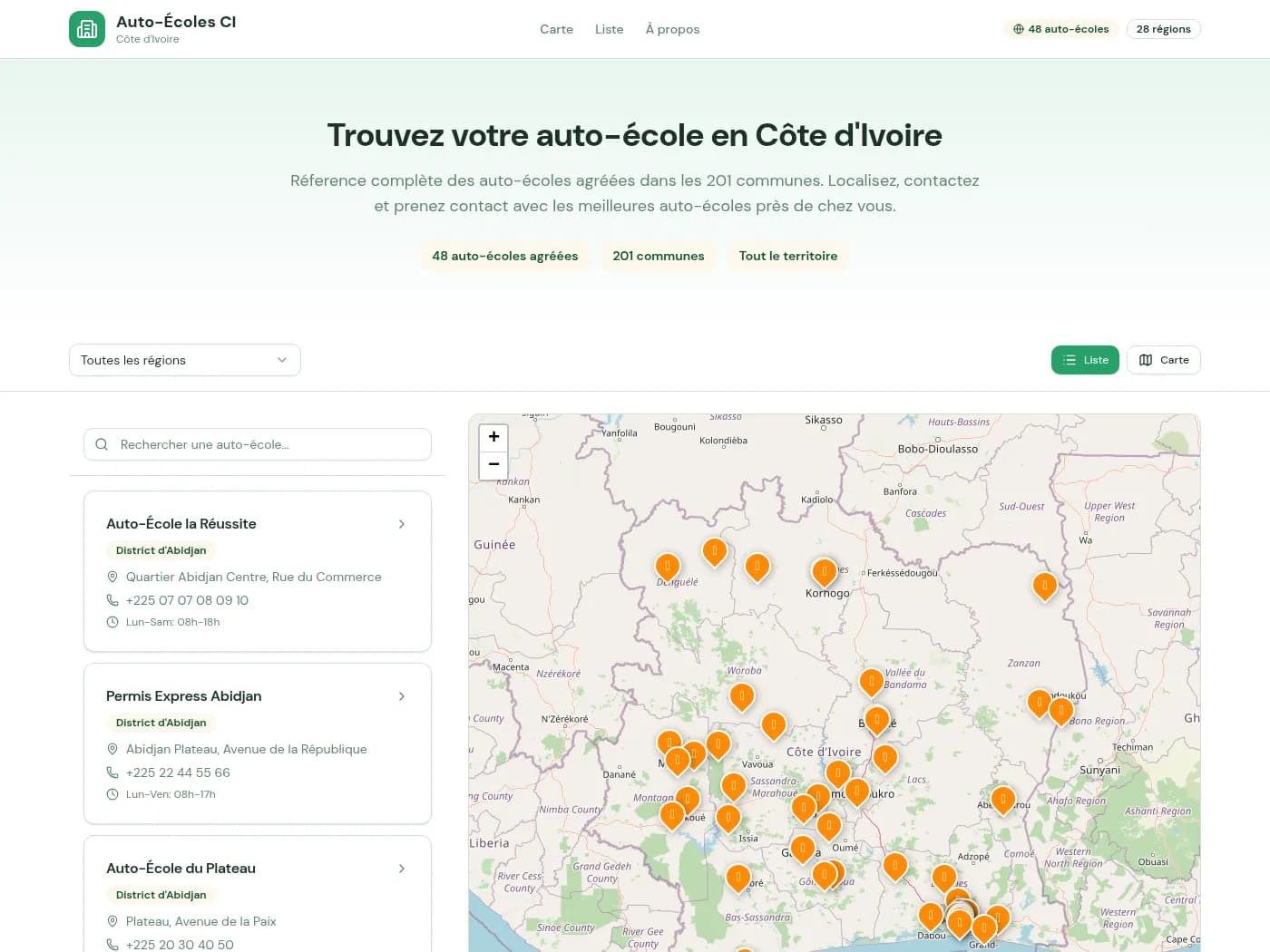 Côte d'Ivoire Auto-écoles Map