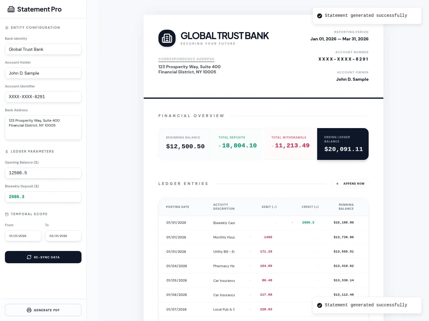 Editable Bank Statement Generator
