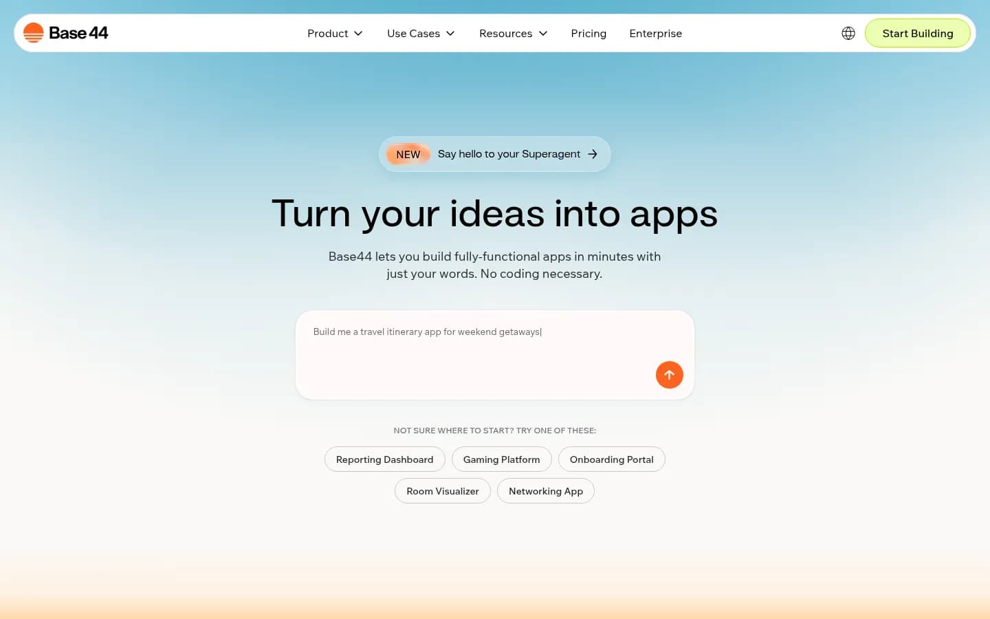 Base44 landing page — AI platform for internal business tools with bundled authentication, database, and analytics