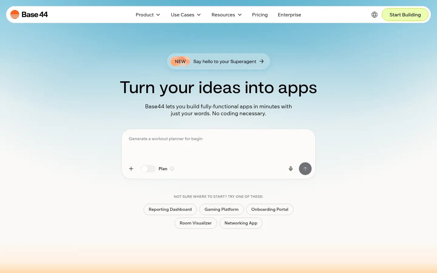 Base44 landing page — AI platform for internal business tools with bundled auth, database, and analytics