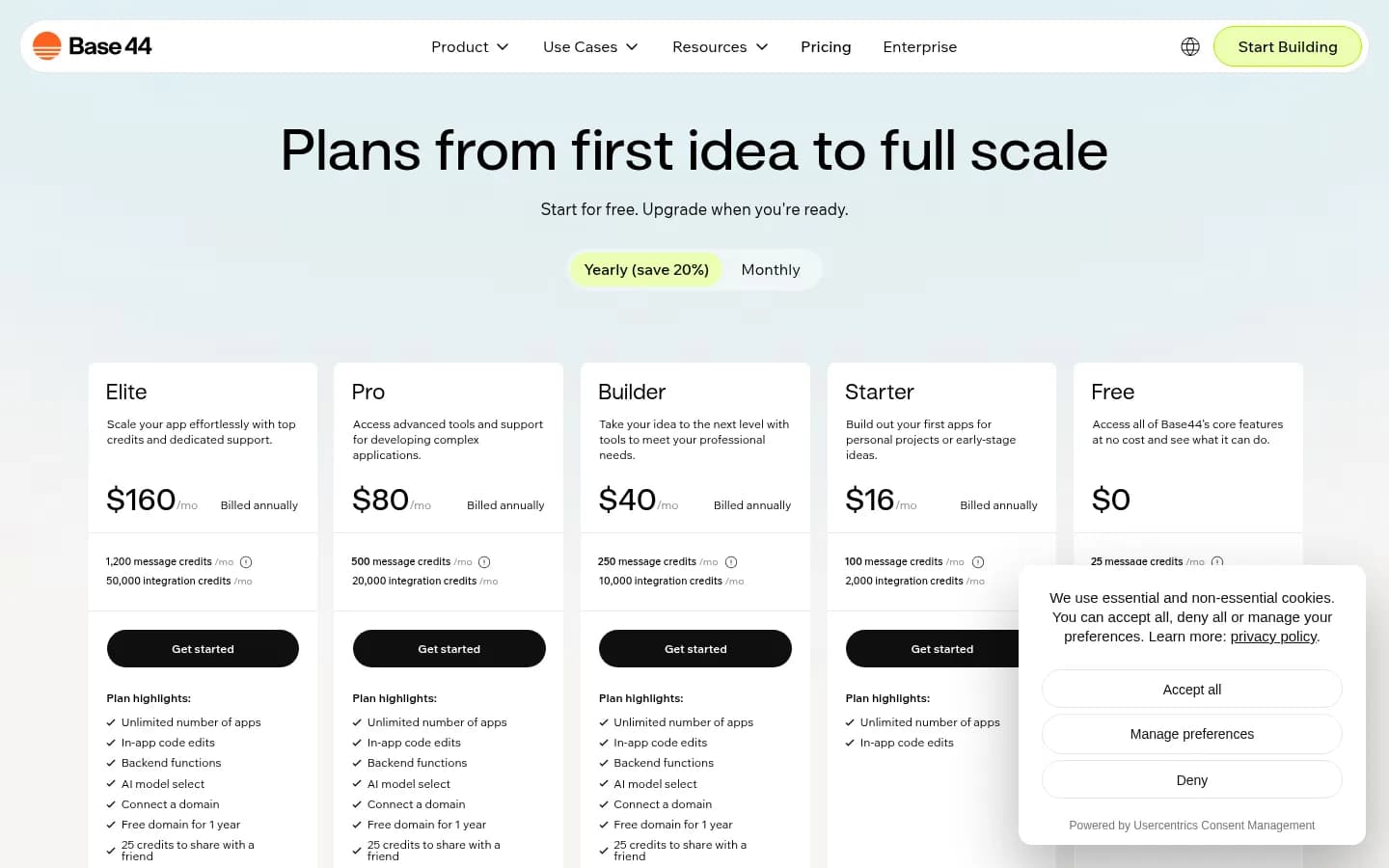Base44 pricing page — Starter at $16/month with built-in auth, database, and hosting included