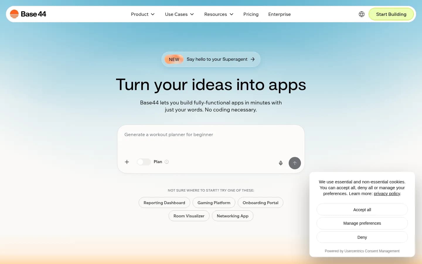 Base44 landing page — AI app builder with built-in backend, database, and auth for rapid prototyping