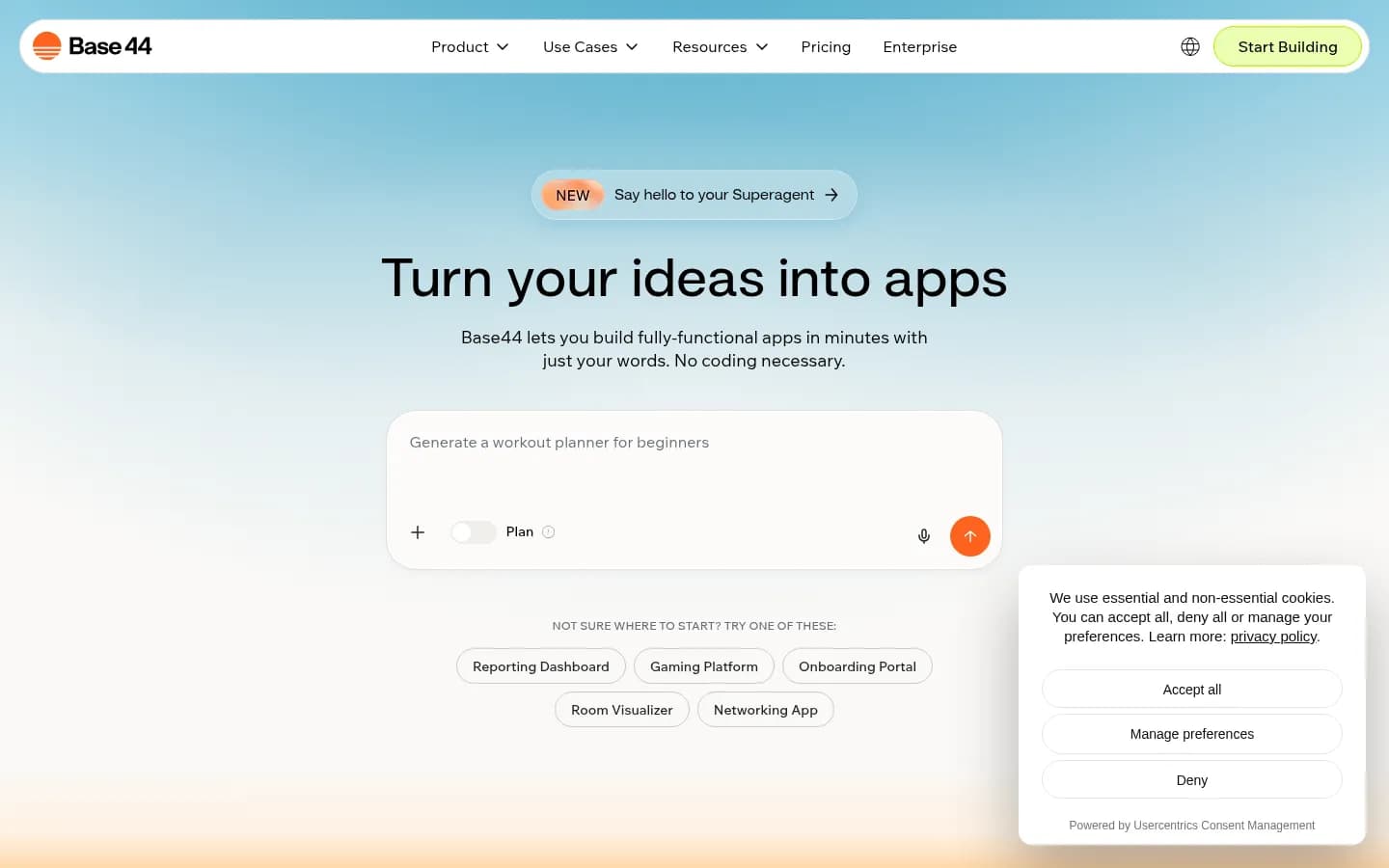 Base44 landing page — AI-powered internal business tool builder
