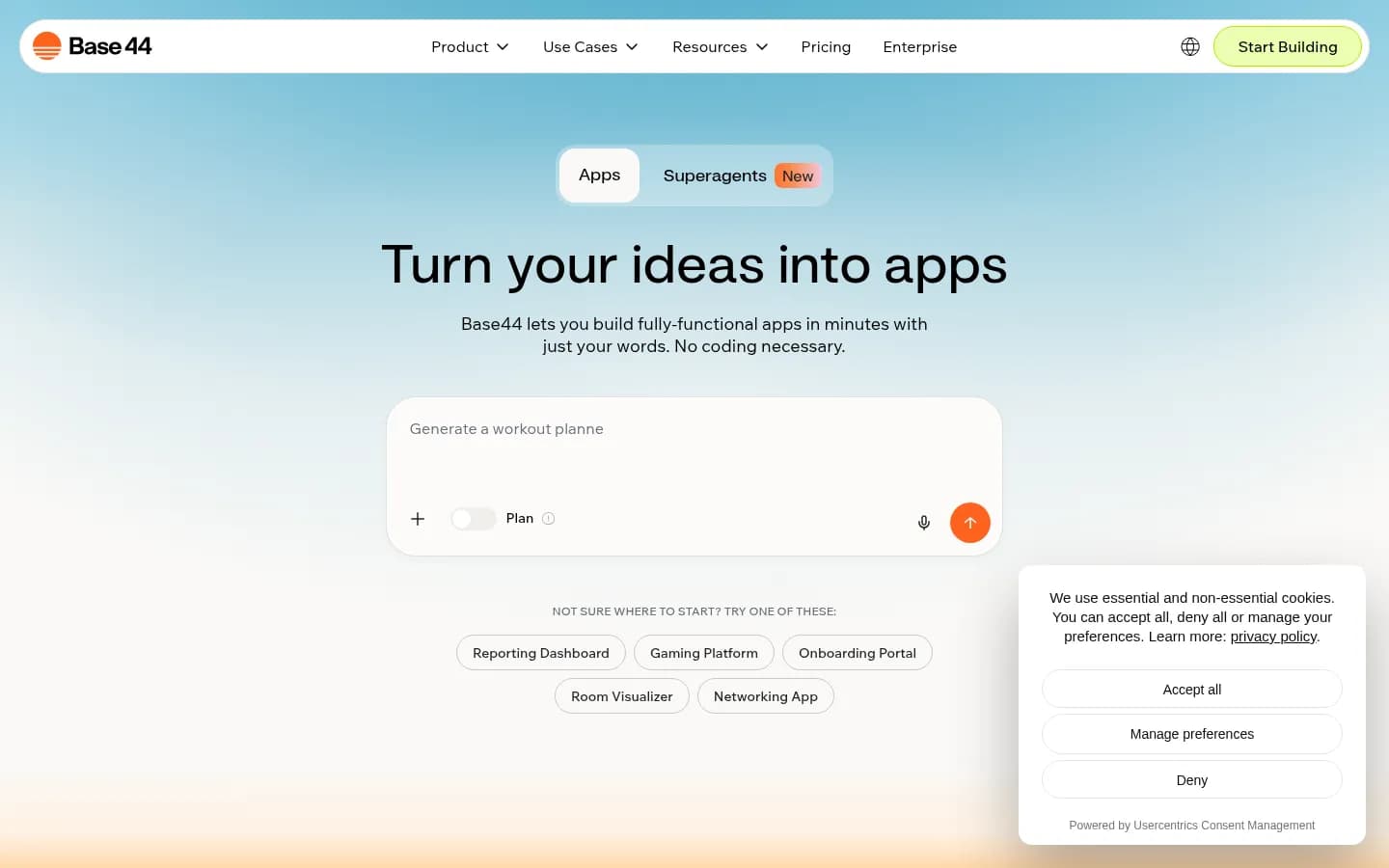 Base44 landing page — AI app builder focused on internal tools and business data management