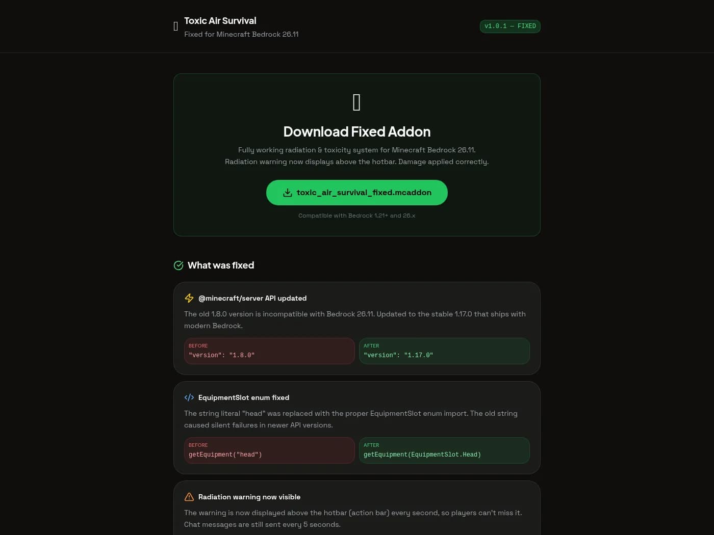 Bedrock Radiation Fix