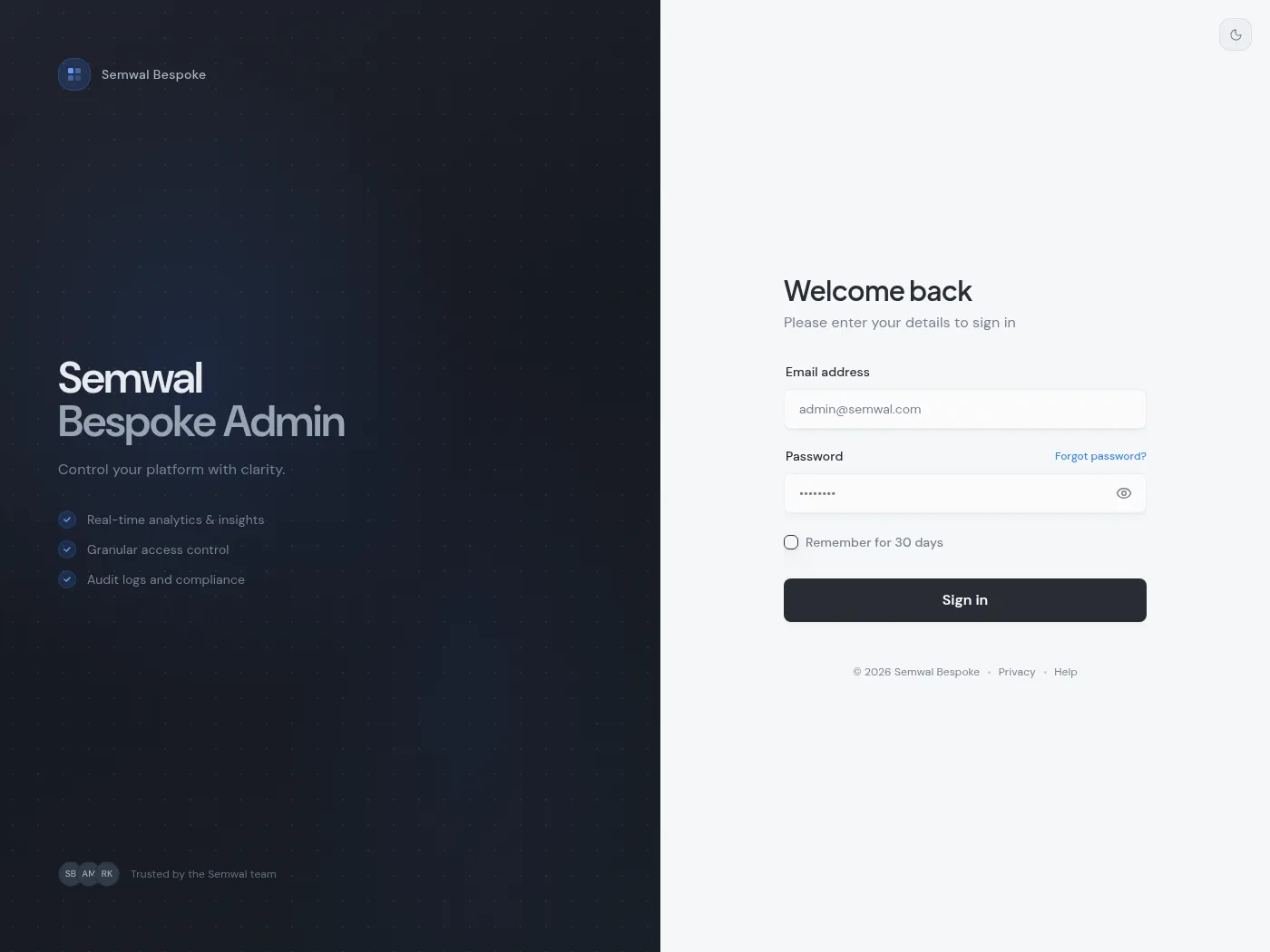 Semwal Bespoke Admin Login
