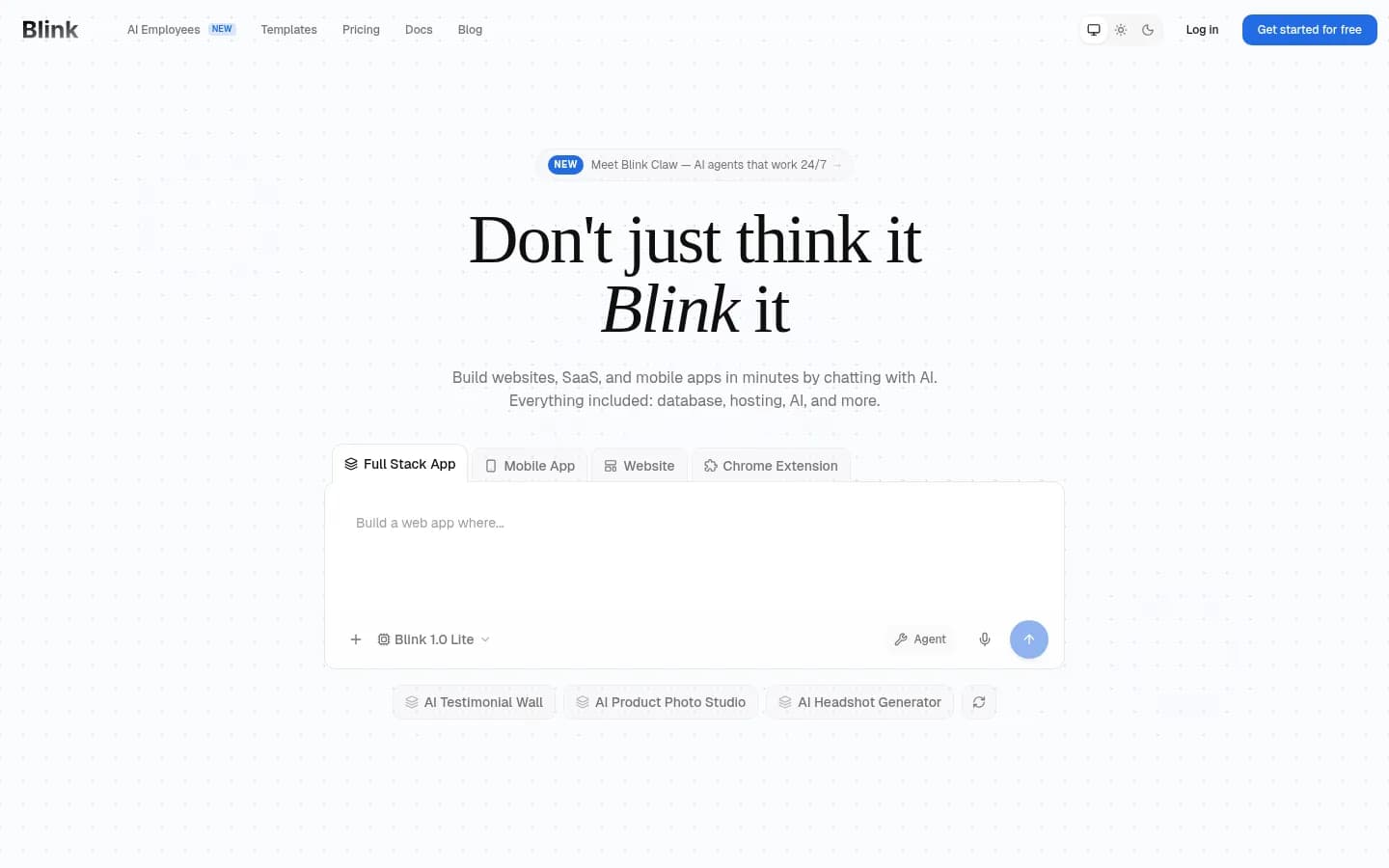 Blink landing page — full-stack AI app builder with database, auth, and hosting all included