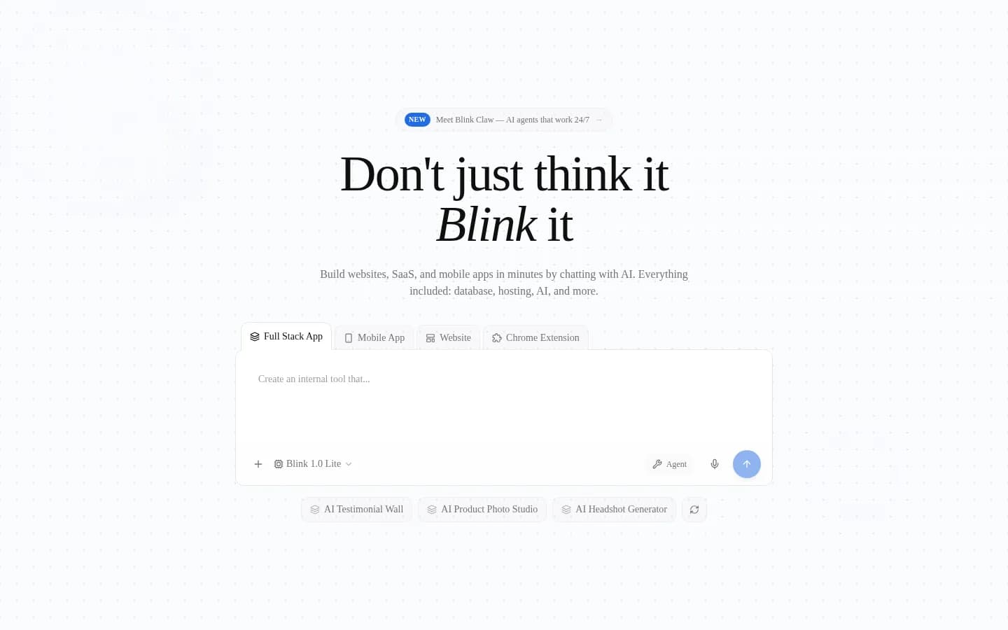 Blink landing page — full-stack AI app builder with database, auth, and hosting included