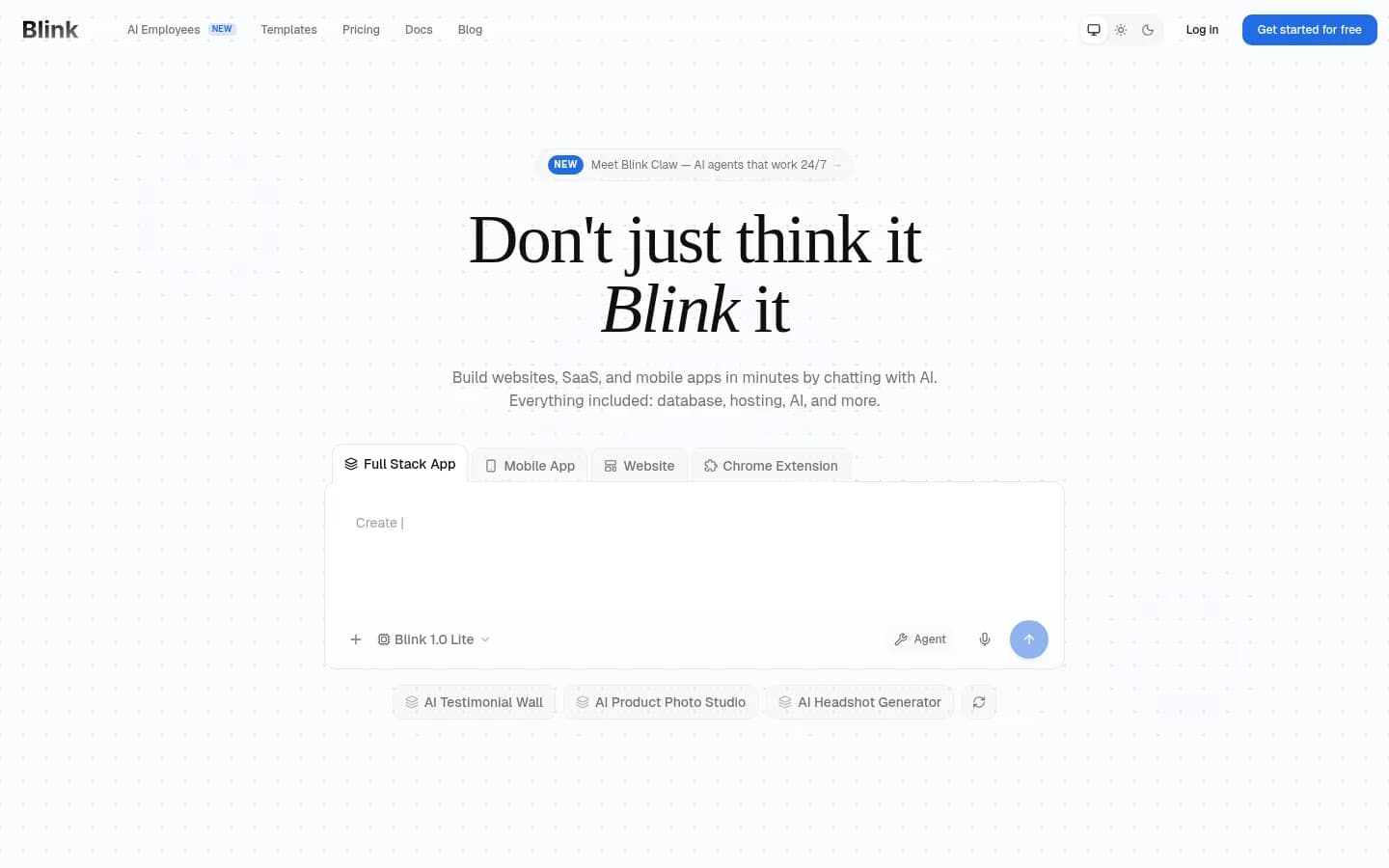 Blink landing page — full-stack AI app builder with database, auth, and hosting all included in one platform