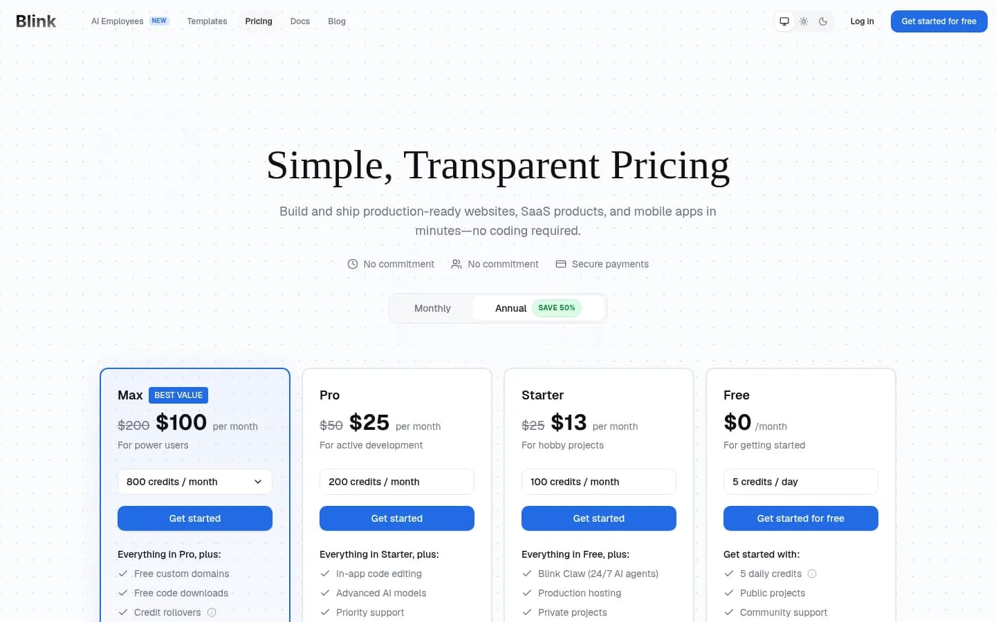 Blink pricing page — compare Free, Starter, Pro, and Max tiers for AI app building