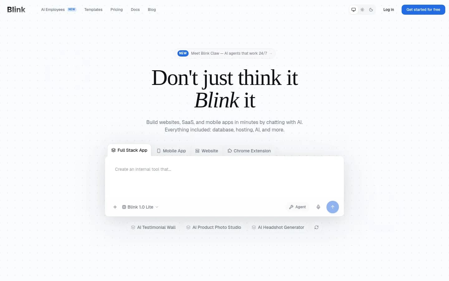 Blink full-stack AI app builder — database, auth, and hosting included
