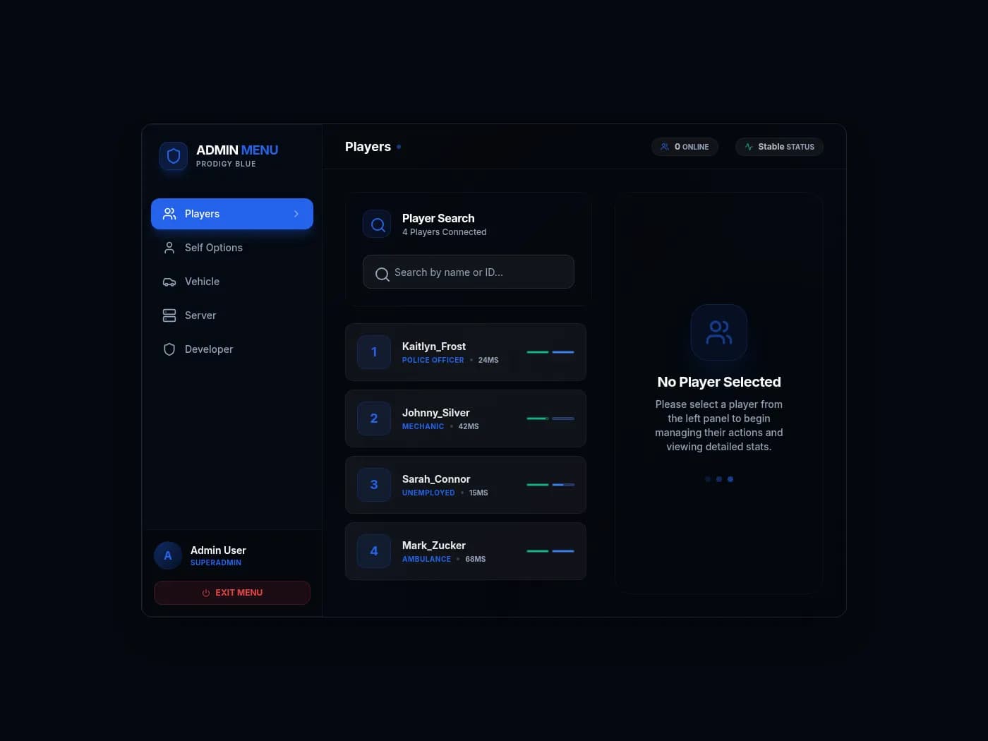 Prodigy Blue Admin Menu