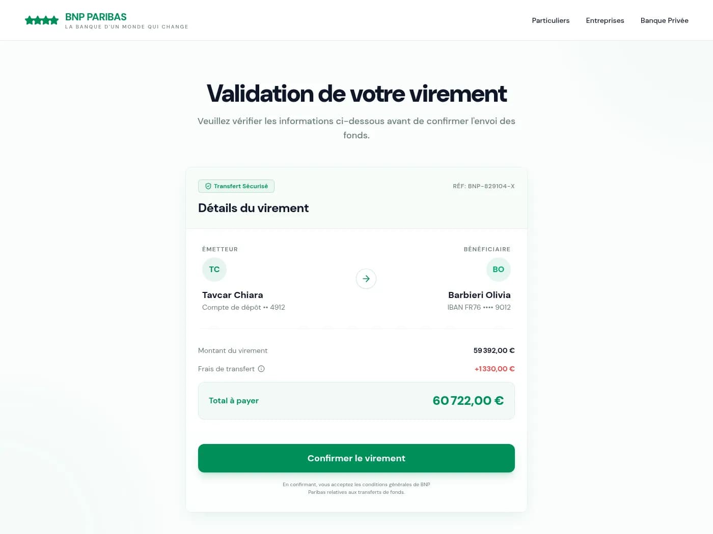 BNP Paribas Transfer Page