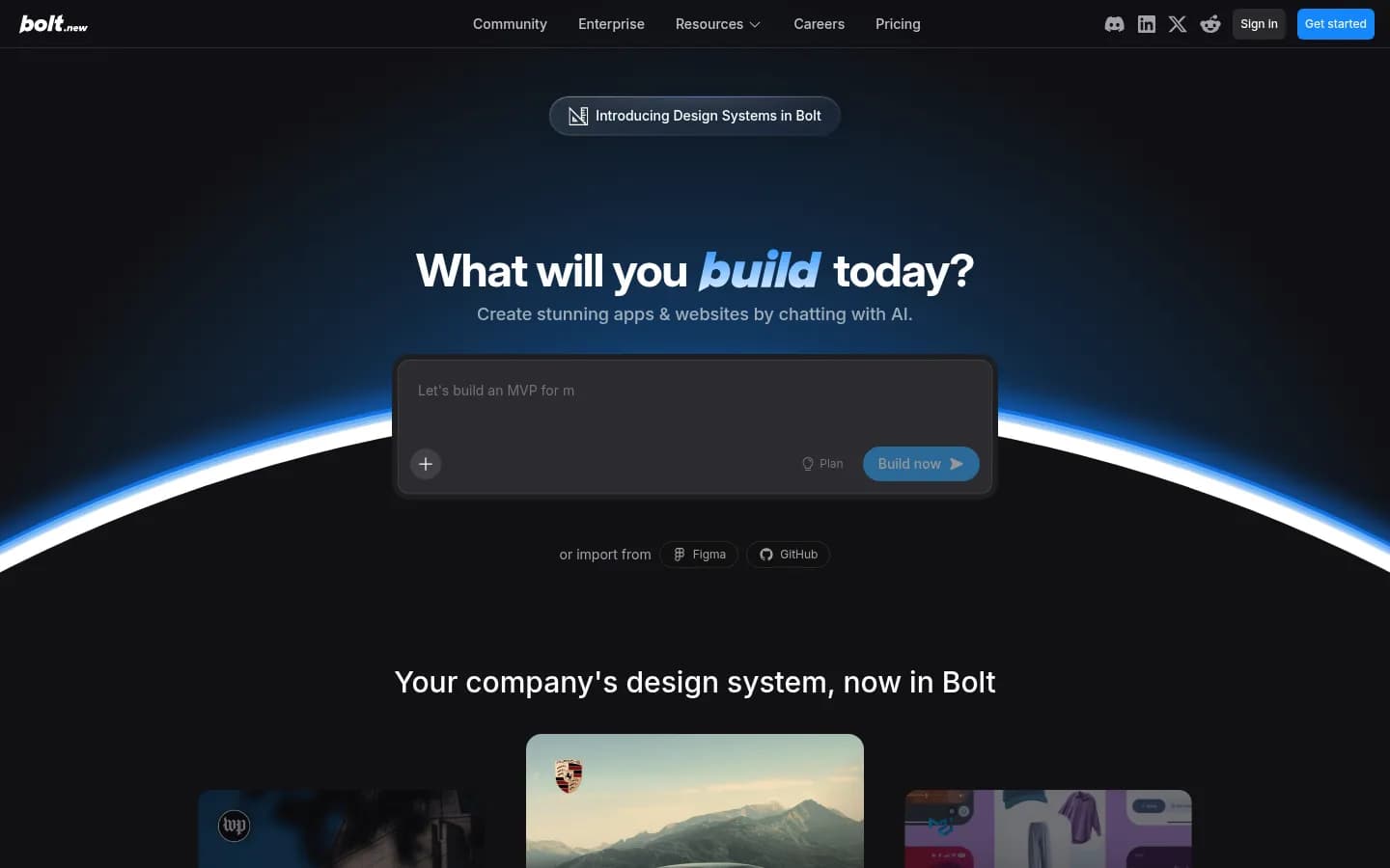Bolt.new landing page — in-browser AI code generator for rapid prototyping