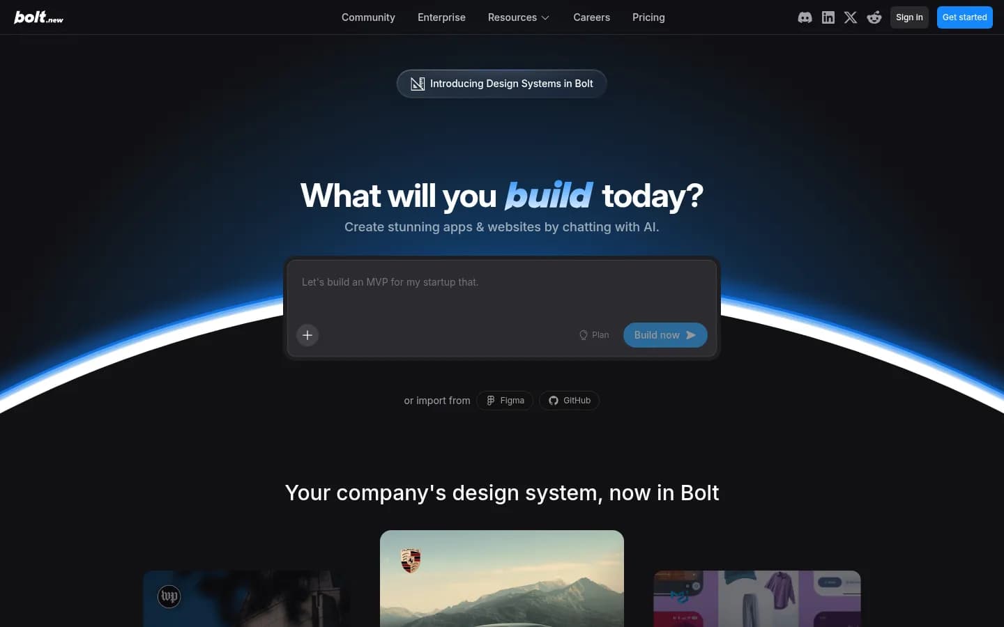 Bolt.new landing page — StackBlitz-powered AI app builder with in-browser development environment