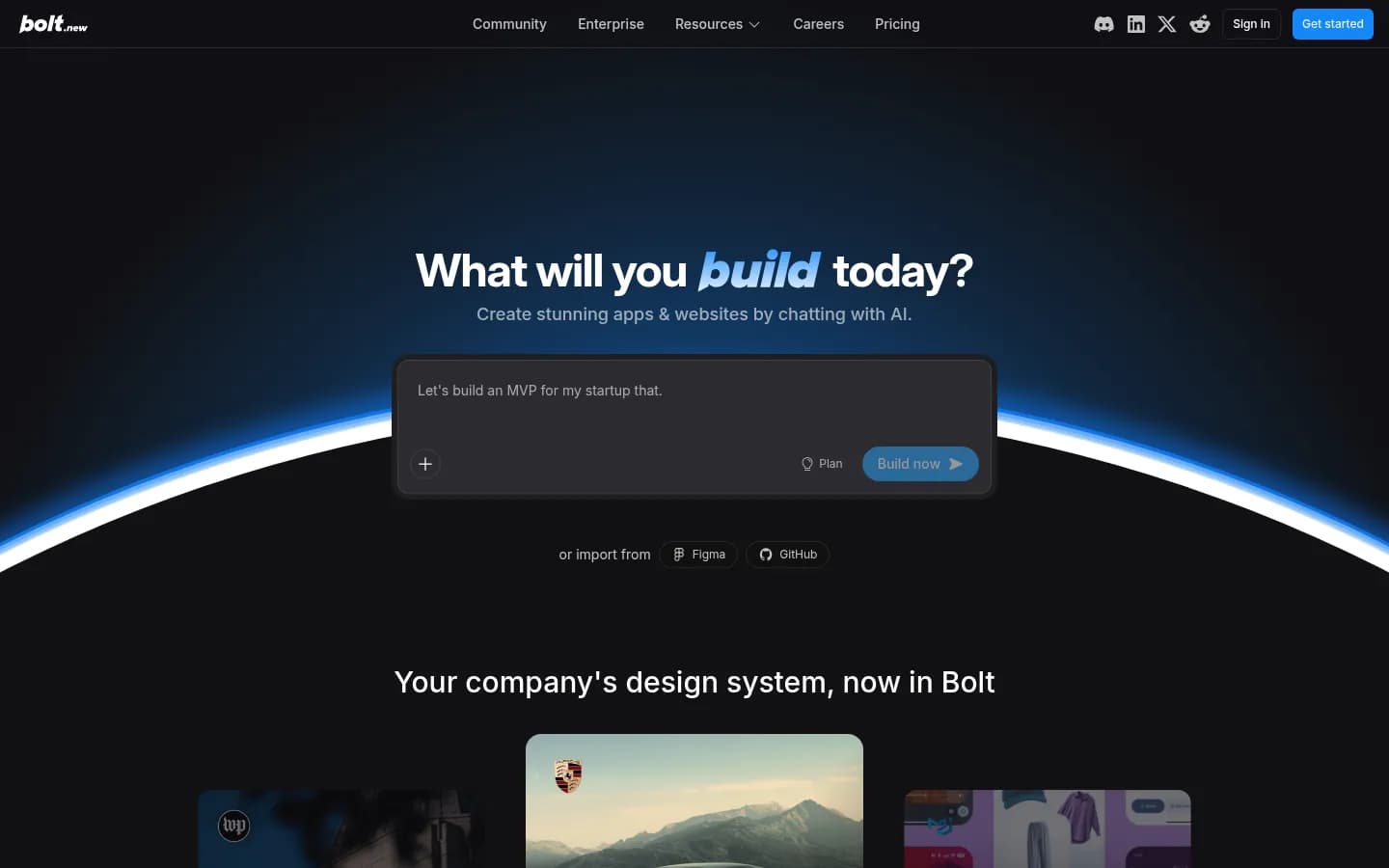 Bolt.new landing page — AI app builder that generates complete web apps from natural language prompts