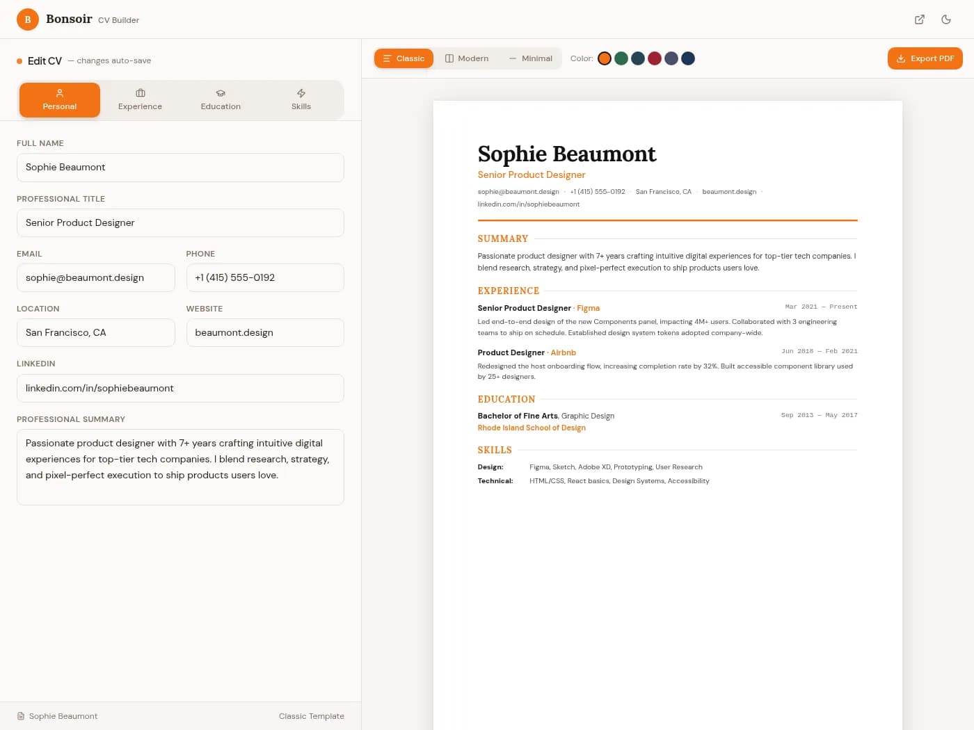 Bonsoir CV Builder