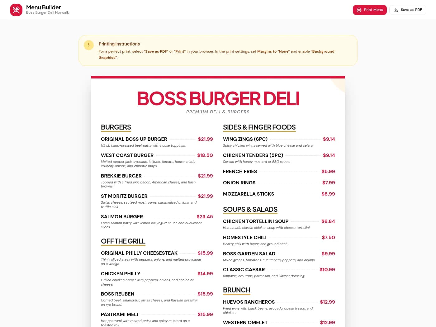 Boss Burger One-Page Menu