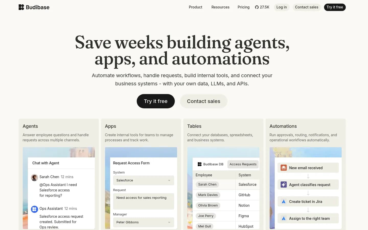 Budibase landing page — open-source low-code platform for internal tools