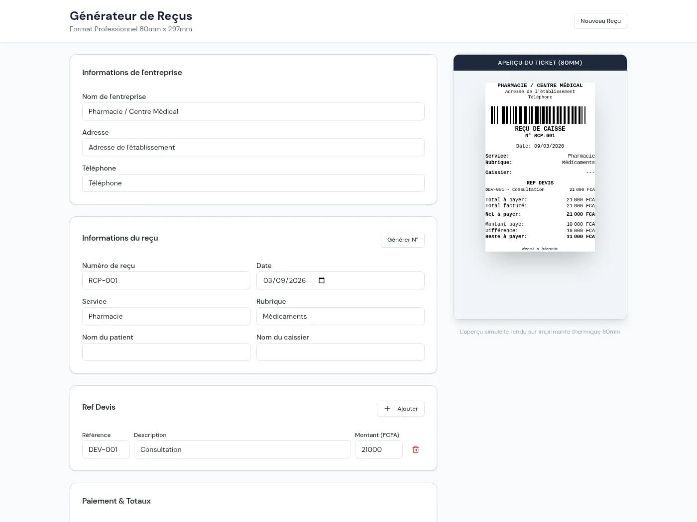 Caisse Receipt Generator