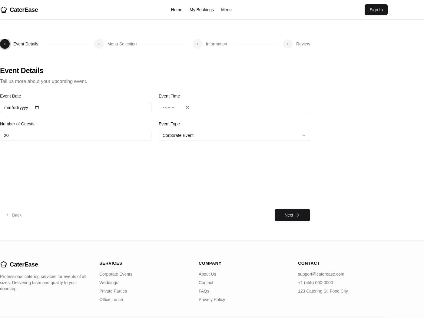 CaterEase Booking Form