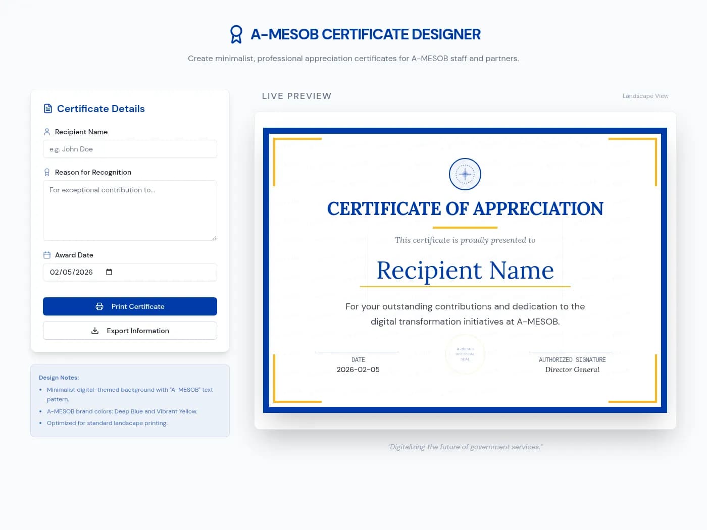 A-MESOB Certificate Designer