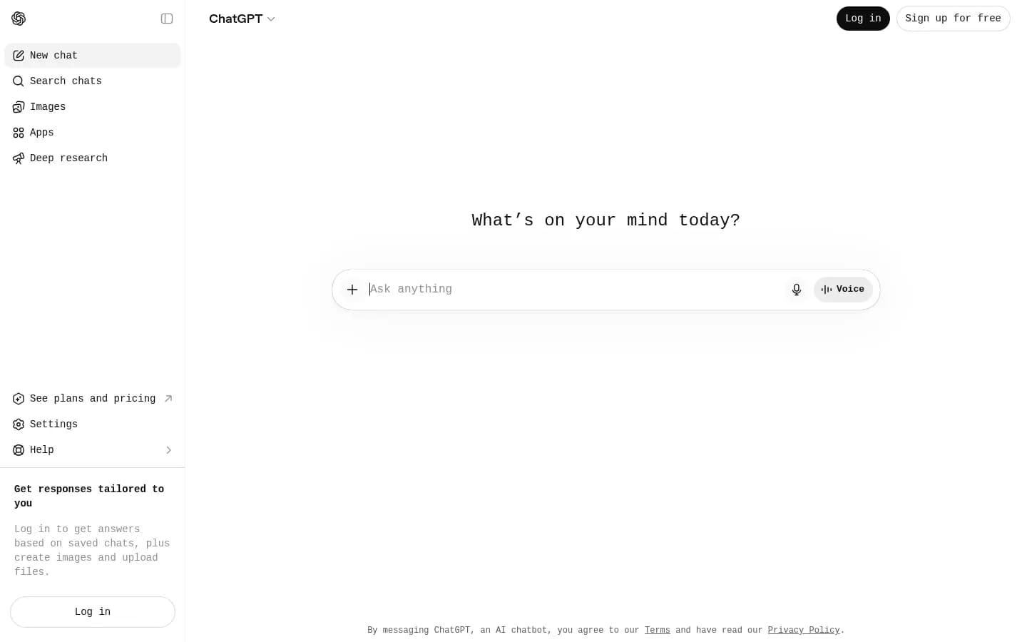 Página de inicio de ChatGPT — el chatbot de IA de OpenAI con modo de voz, generación de imágenes con DALL-E y el mayor ecosistema de plugins