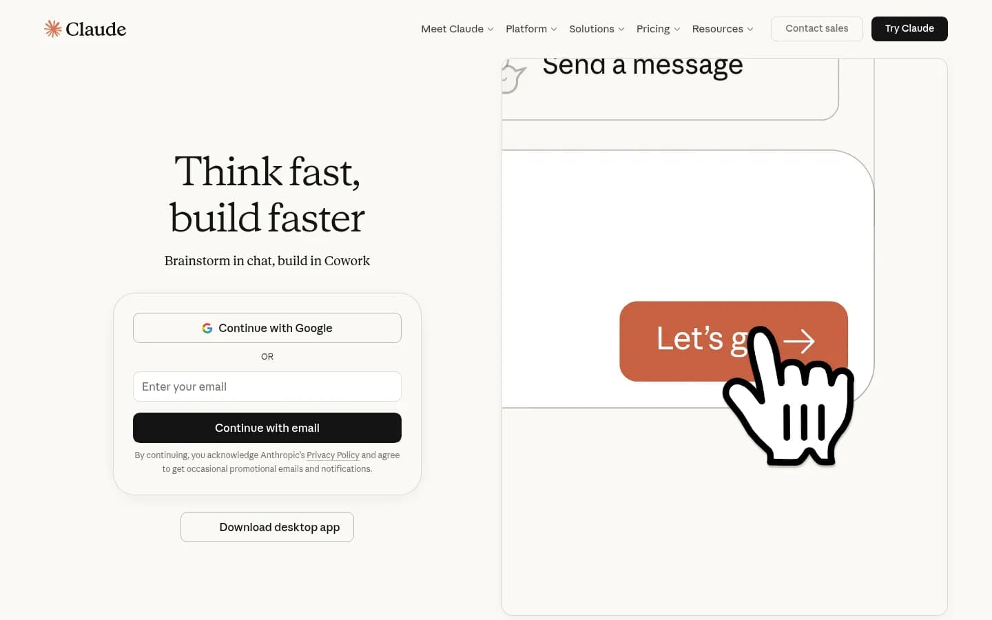 Claude landing page — Anthropic's AI assistant for writing, analysis, and reasoning