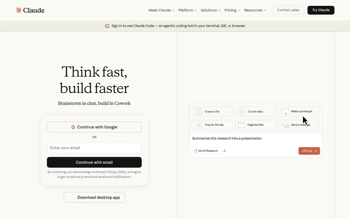 Claude Code landing page — Anthropic's agentic CLI coding tool for terminal-native development
