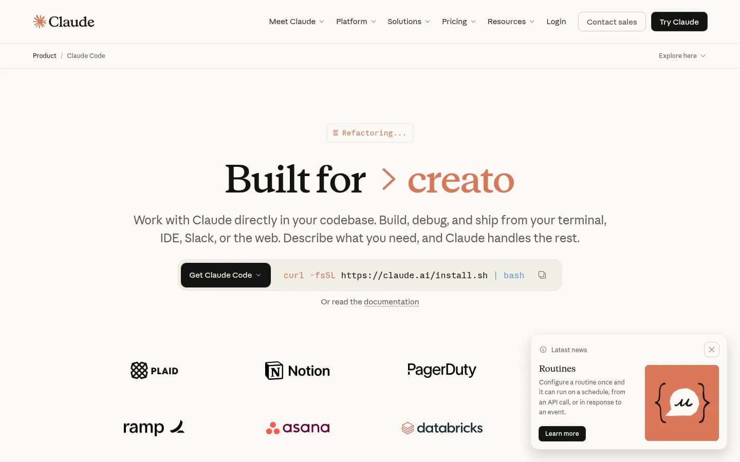 Claude Code landing page — Anthropic's terminal-native AI coding agent with plan-first design