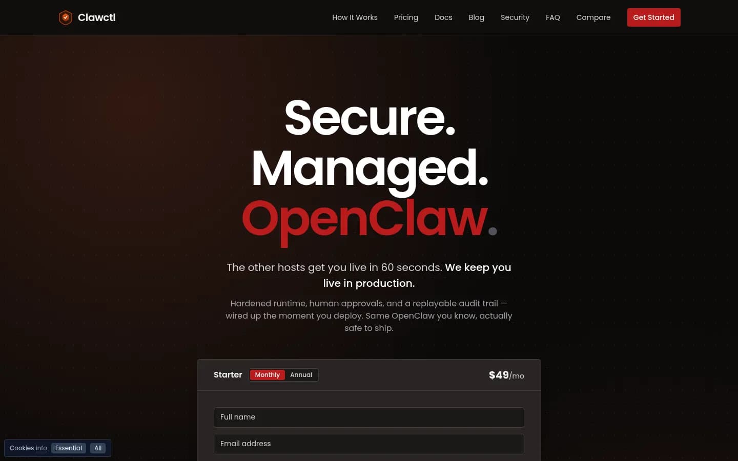 Clawctl landing page — managed secure OpenClaw hosting with audit trails, encrypted secrets, and human-in-the-loop approvals