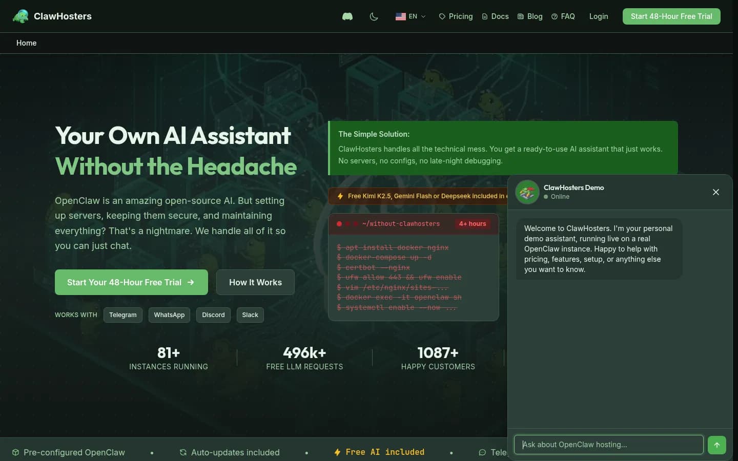 clawhosters.com landing page — EU-based OpenClaw hosting with GDPR compliance and European data residency