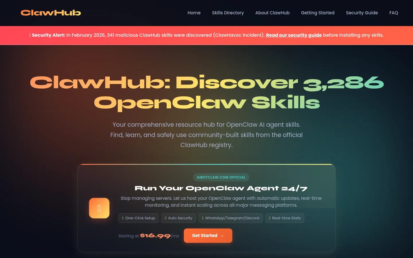 ClawHub — the official OpenClaw skill registry with 3,286 community skills organized by category