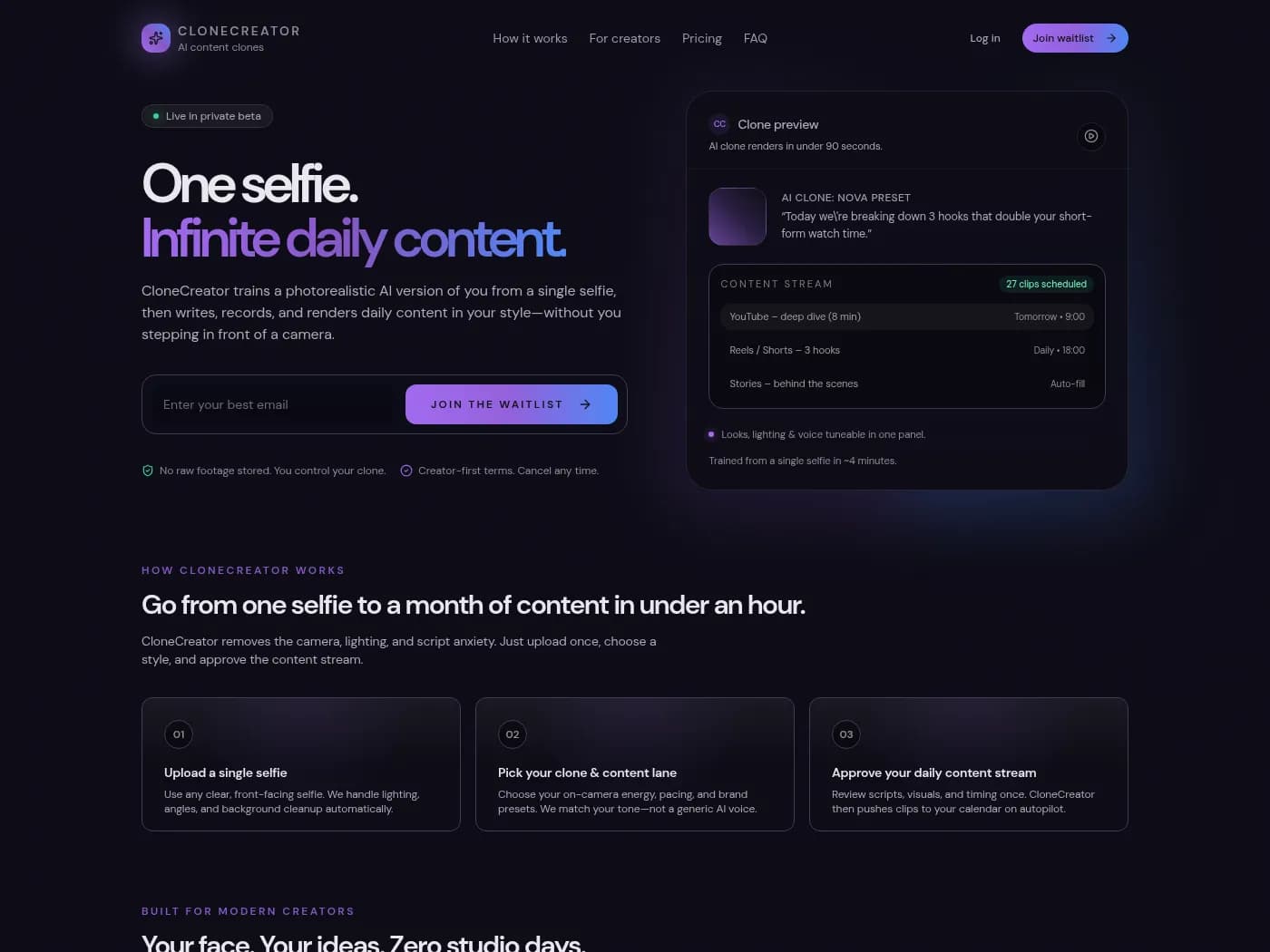 CloneCreator Landing Page