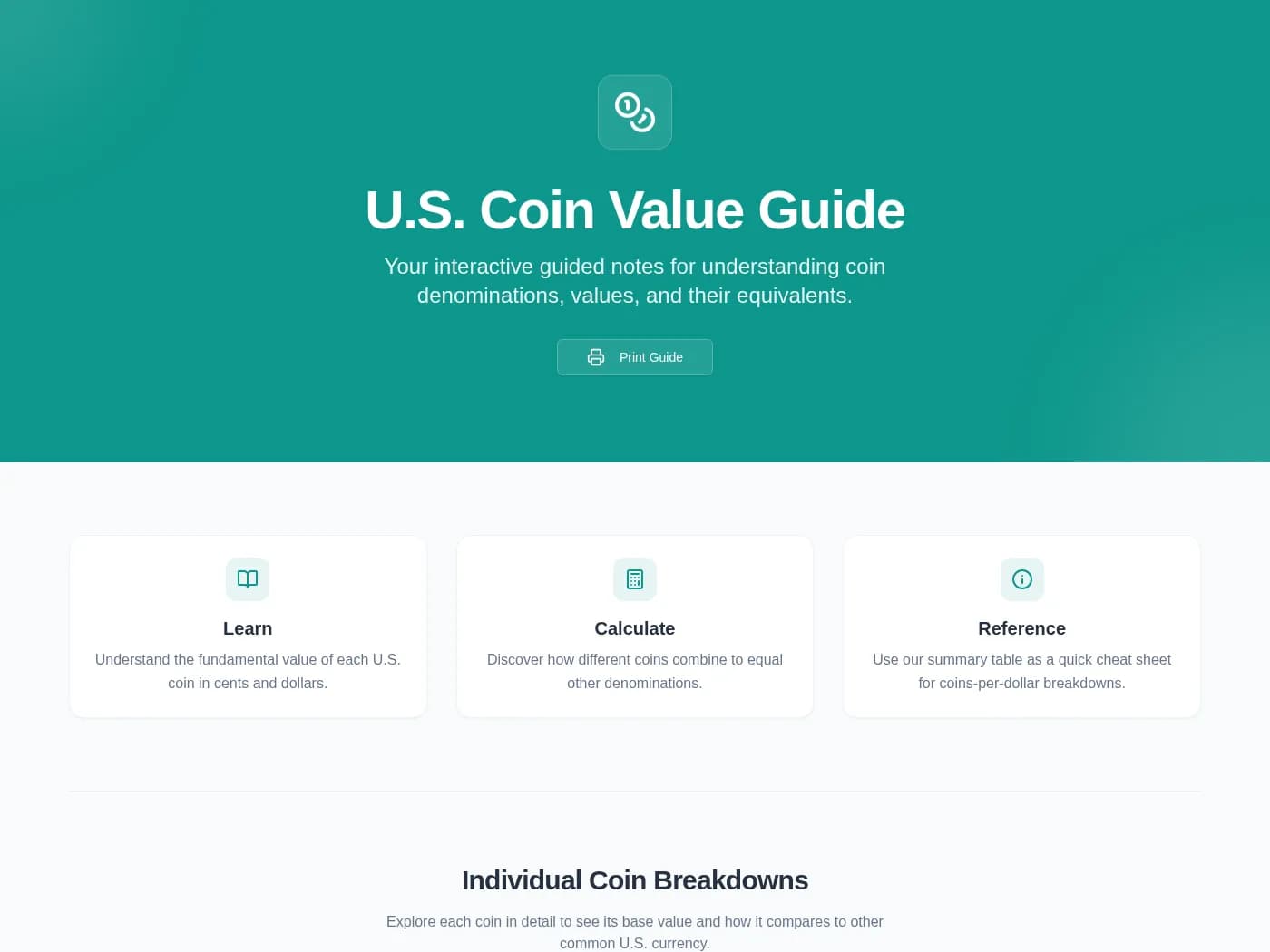 Coin Value Guide Sheet