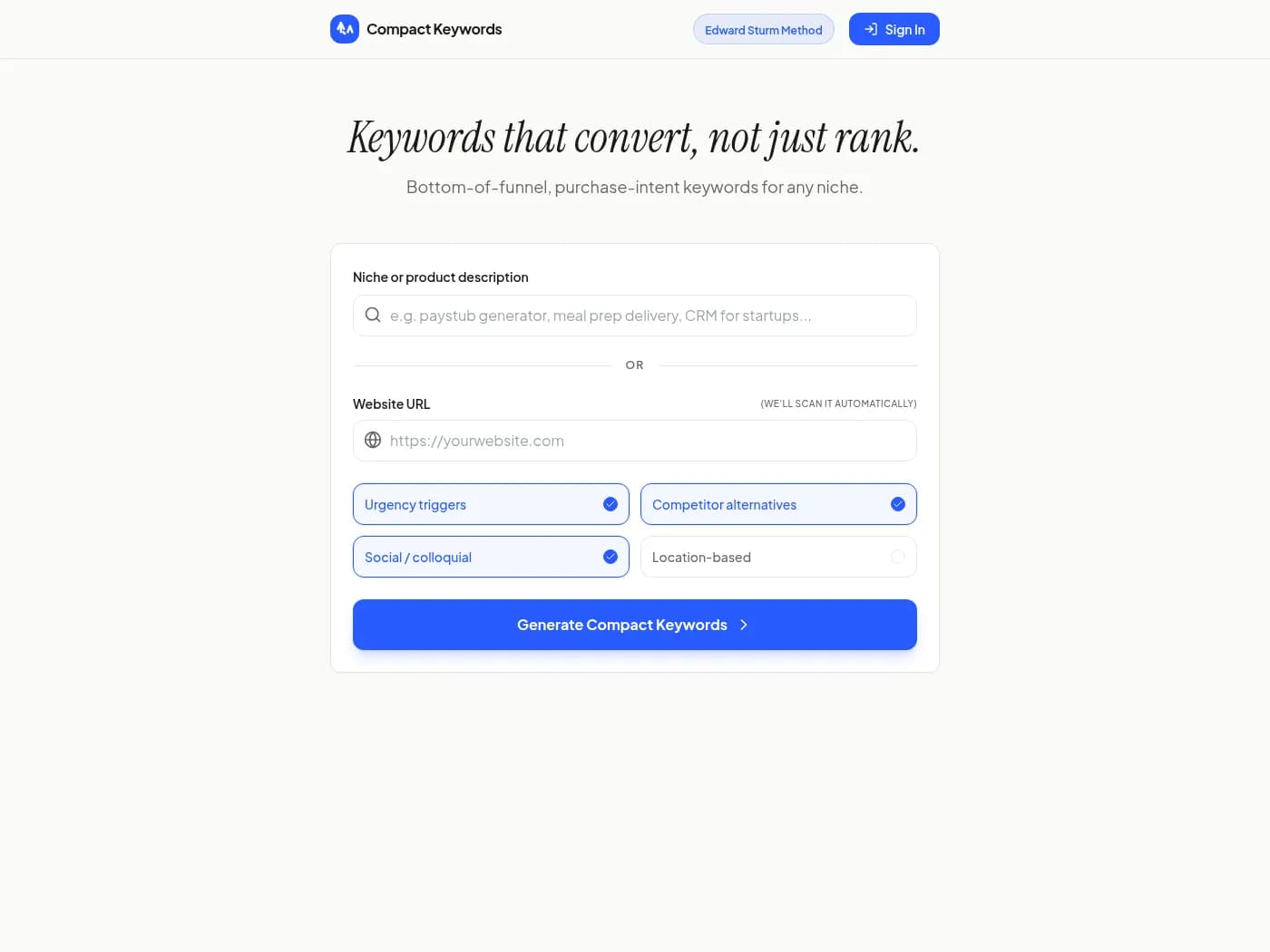 Compact Keywords Generator
